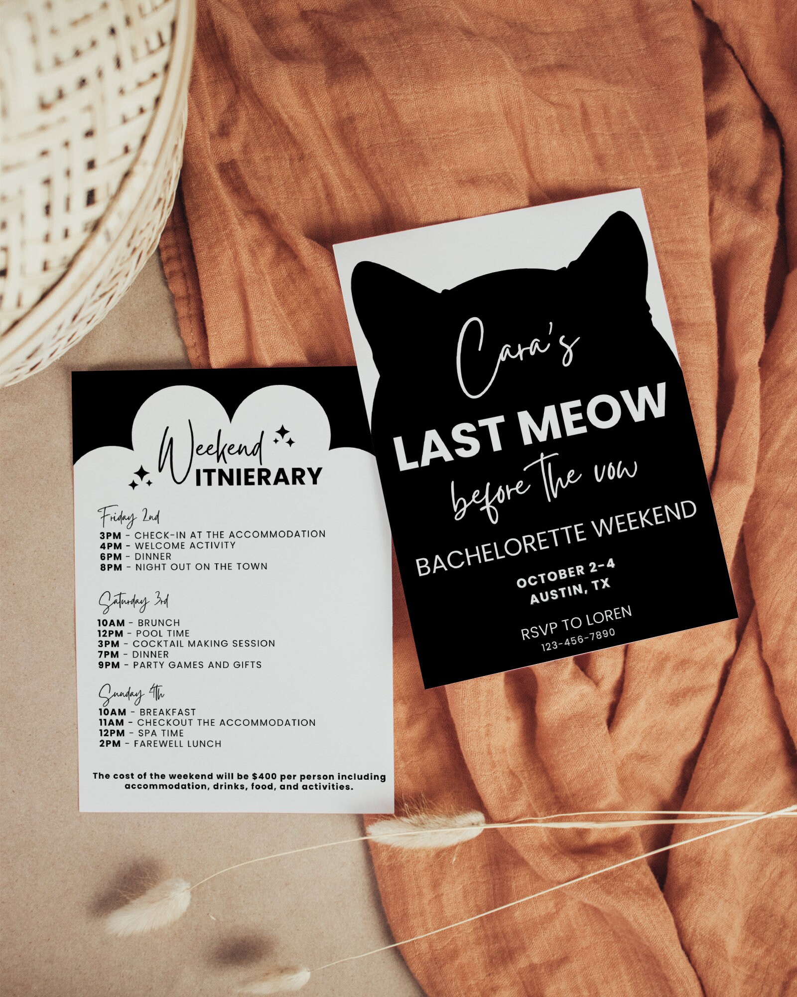 Cat Bachelorette Invitation Itinerary Template, Last Meow Before the ...