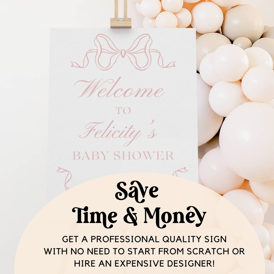 Preppy Pink Baby Shower Welcome Sign Template, Blush Hand Drawn Ribbon ...