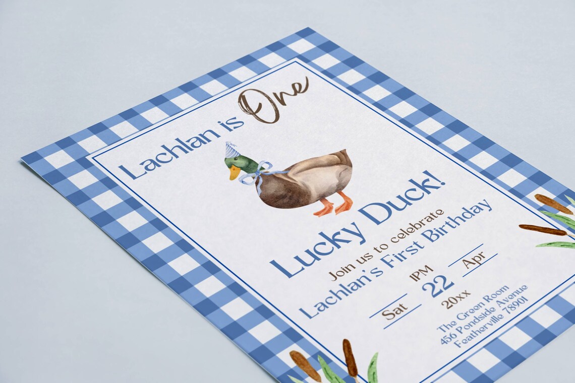 One Lucky Duck Birthday Party Invitation, First Birthday Invite, Navy ...