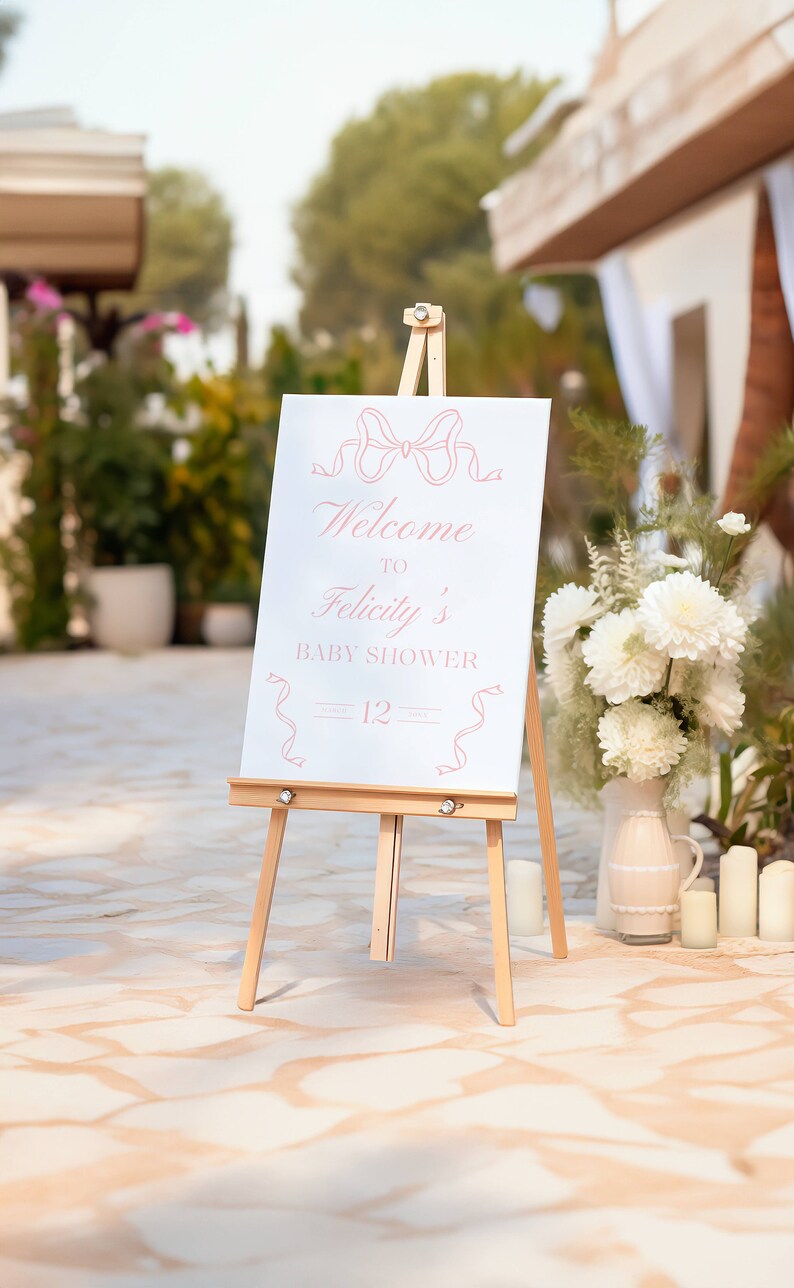 Preppy Pink Baby Shower Welcome Sign Template, Blush Hand Drawn Ribbon ...