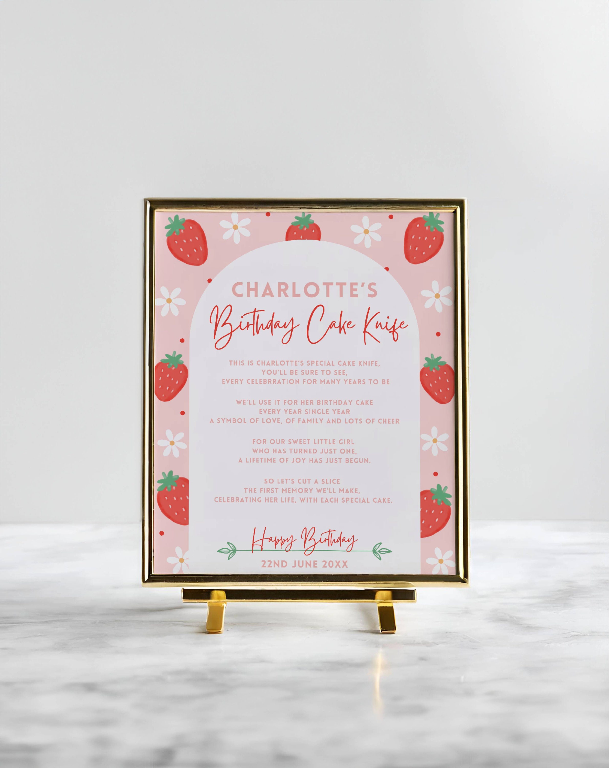 Strawberry First Birthday Cake Knife Sign Template, Berry First, Party ...