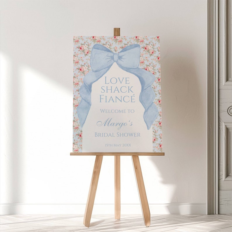 Coquette Blue Bow Bridal Shower Welcome Poster Template, Love Shack ...