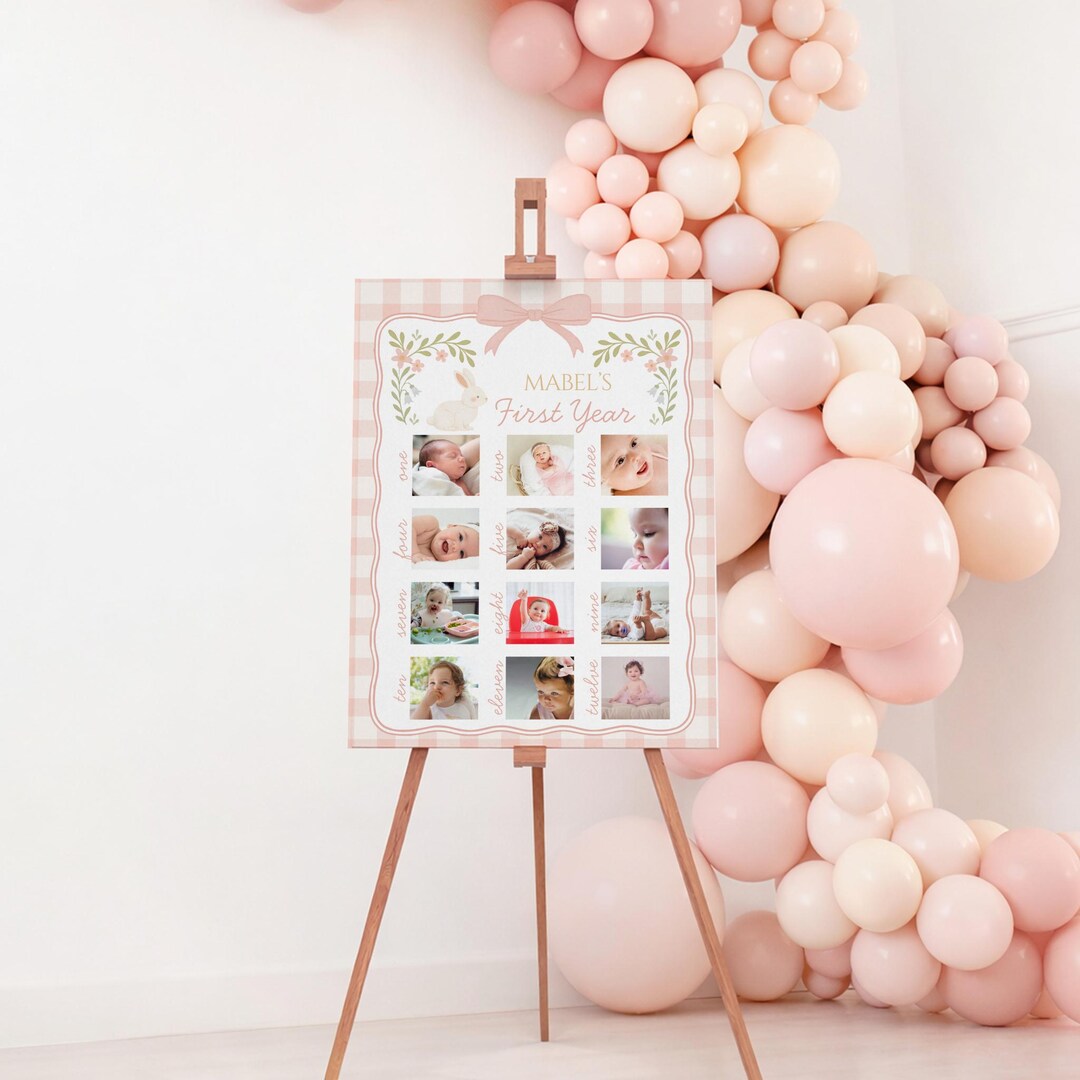 Bunny First Birthday Photo Milestone Board Template, Some Bunny is One ...