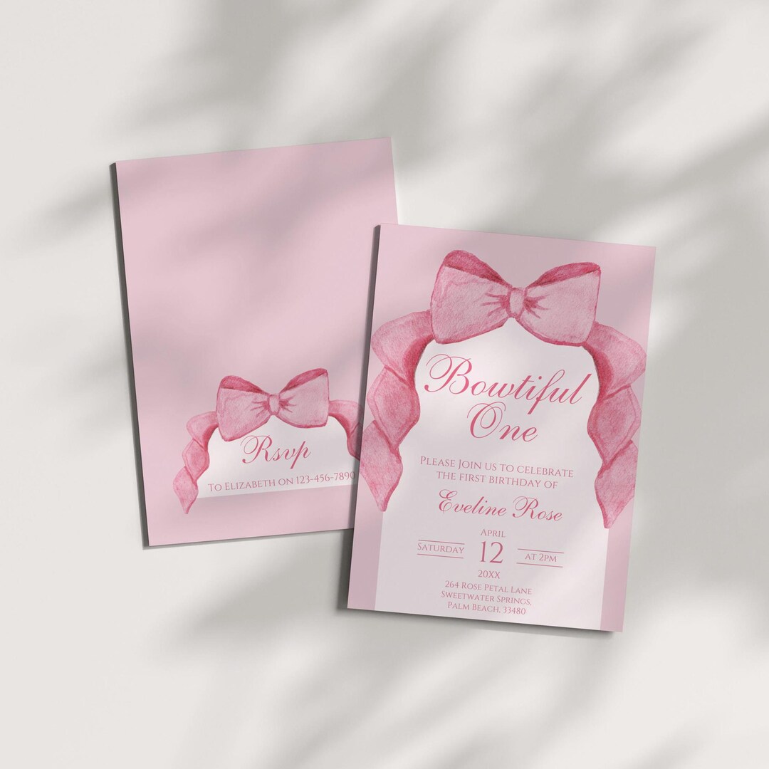 Bowtiful One First Birthday Invitation Template, Editable Coquette Bow ...