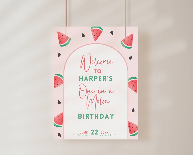 Pink Watermelon Birthday Welcome Sign Template, One in a Melon Theme ...
