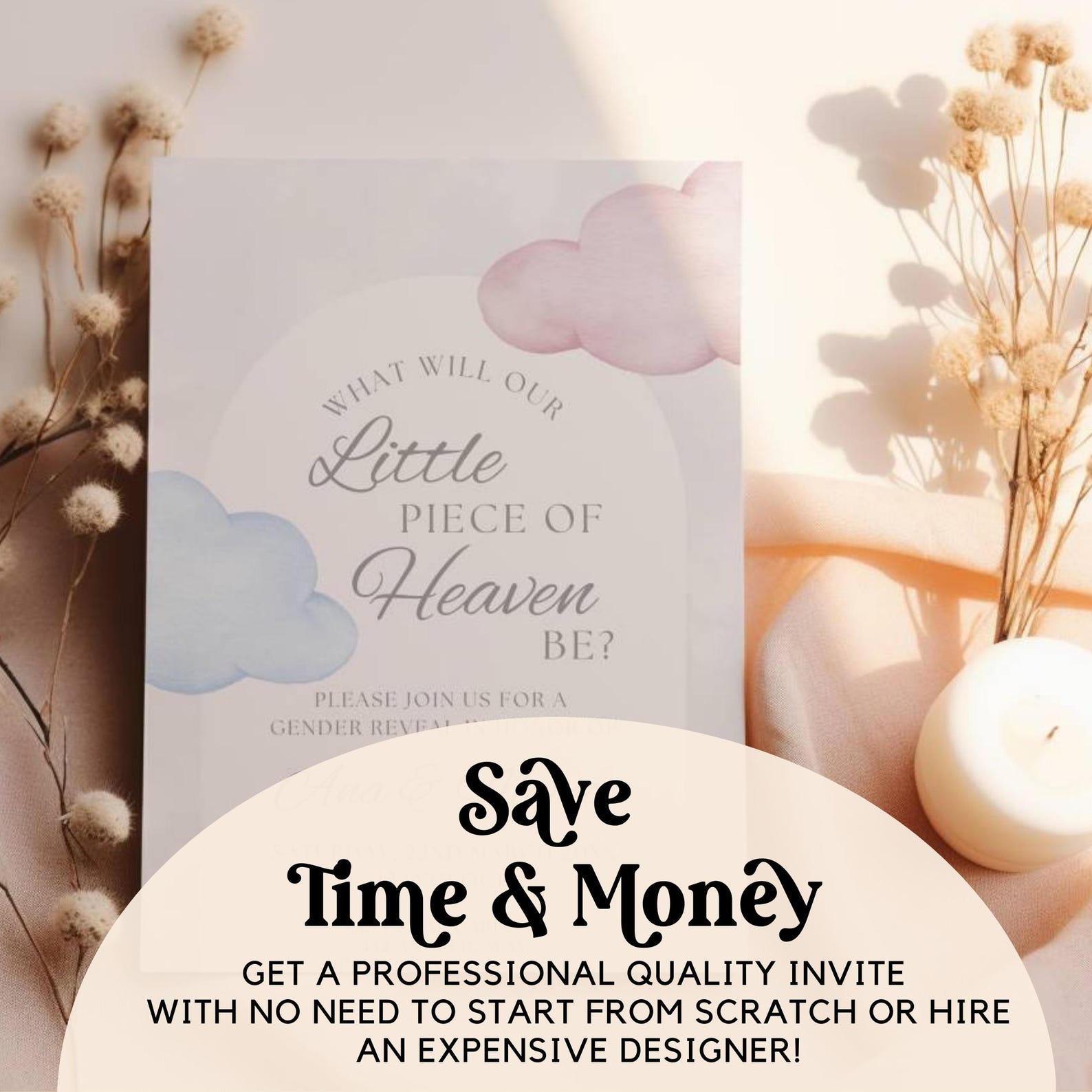 Heaven Sent Gender Reveal Invitation Template, Little Piece of Heaven ...
