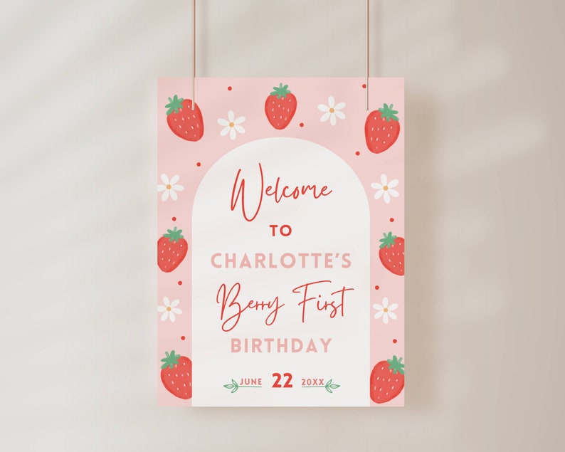 Berry First Birthday Welcome Sign Template, Strawberry Patch Theme ...