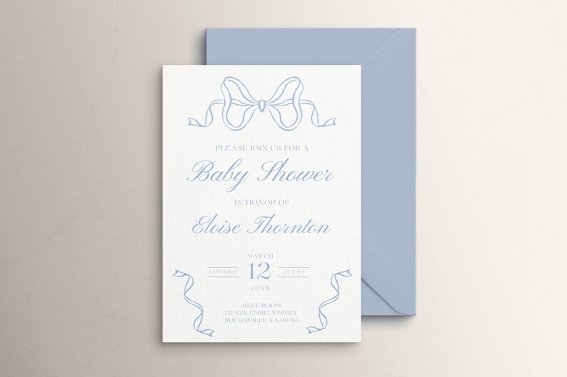 Hand Drawn Blue Bow Baby Shower Invite Template, Heirloom Ribbon ...
