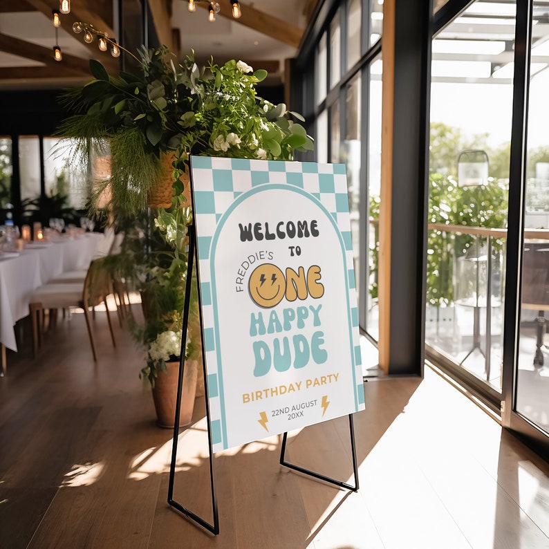 One Happy Dude Birthday Welcome Sign, Editable Template, Boy Blue Theme ...