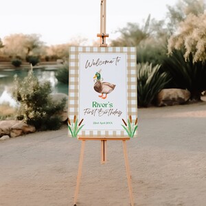 One Lucky Duck Birthday Welcome Sign Template, Neutral Brown Gingham ...