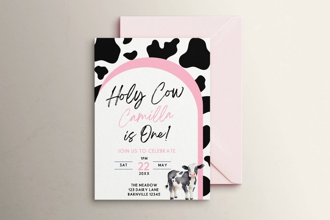 Cow Invitation First Birthday, Holy Cow I'm One Party Invite, Girls ...