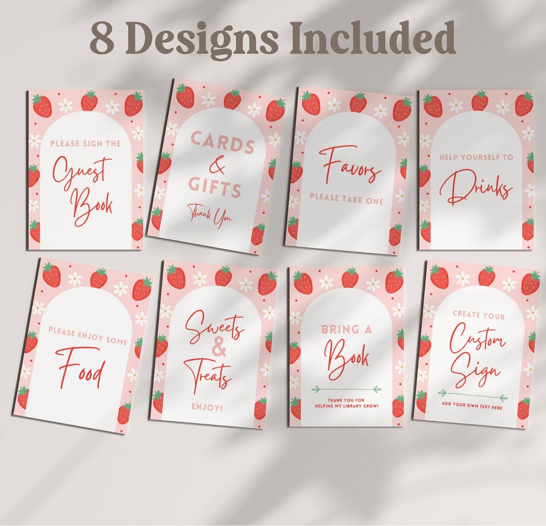 Strawberry 1st Birthday Party Table Signs, Fully Editable Templates ...