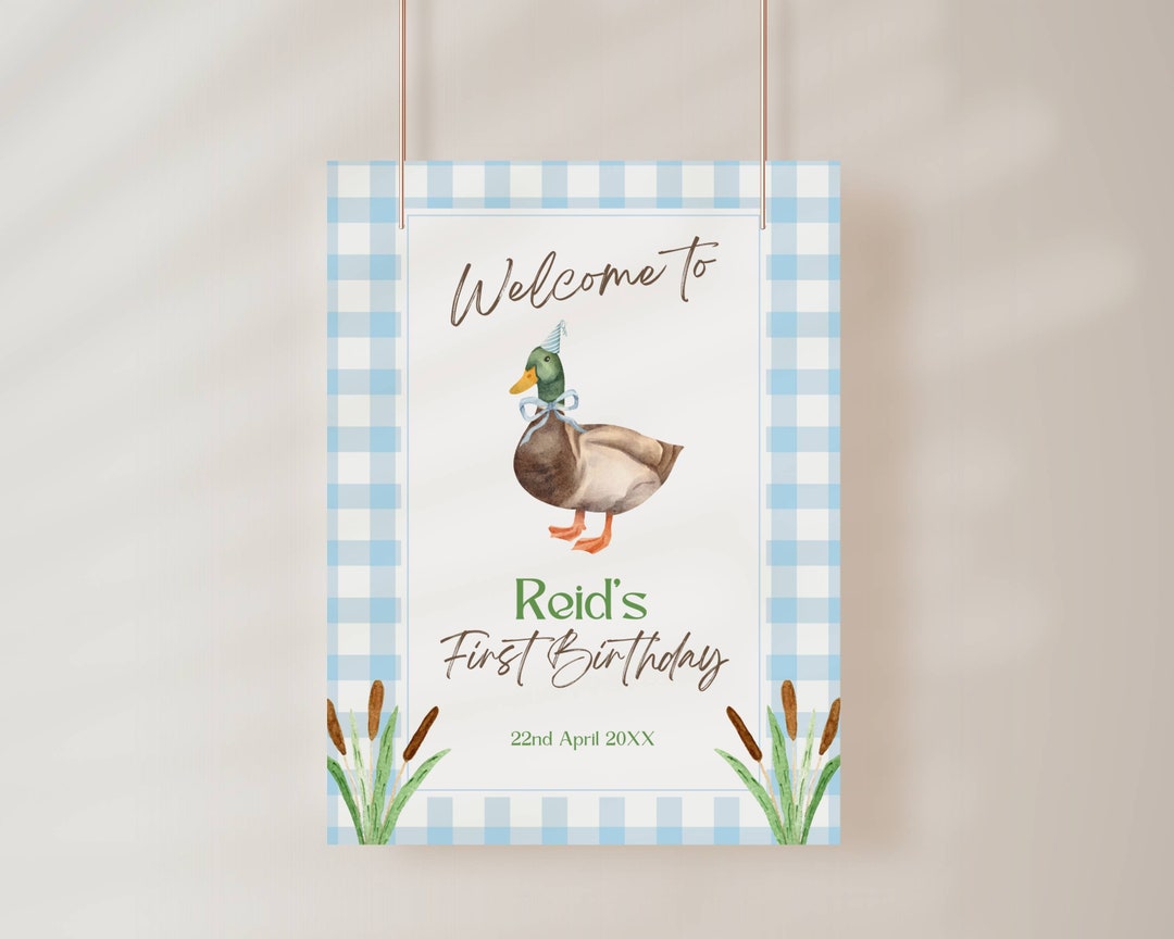 One Lucky Duck Birthday Welcome Sign Template, Blue Gingham, Mallard ...