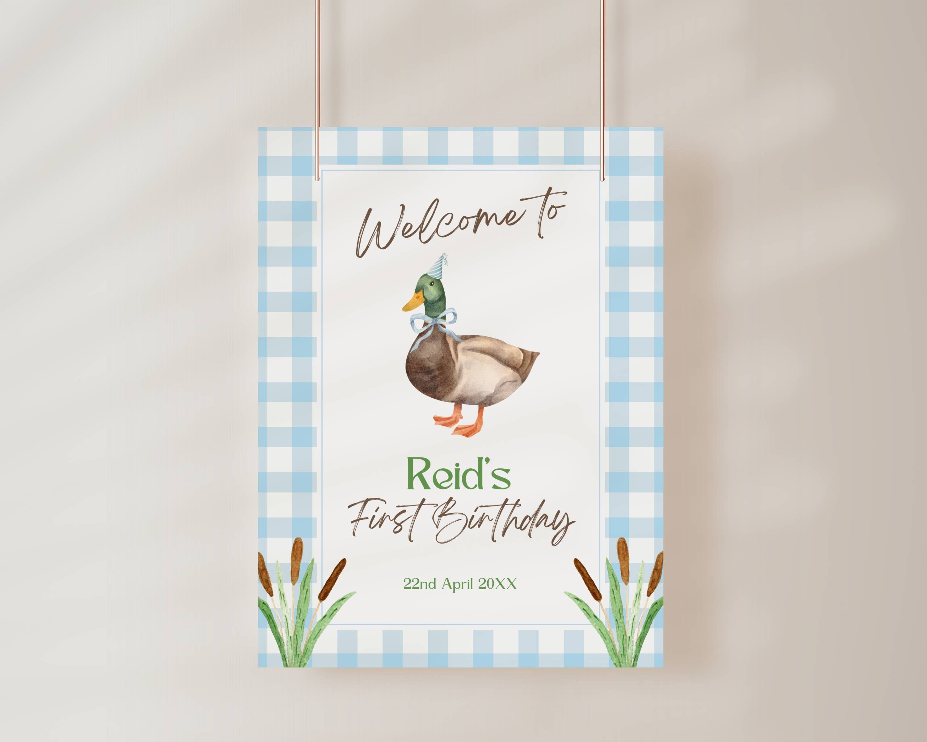 Blue Gingham One Lucky Duck Birthday Welcome Sign Template, Mallard ...