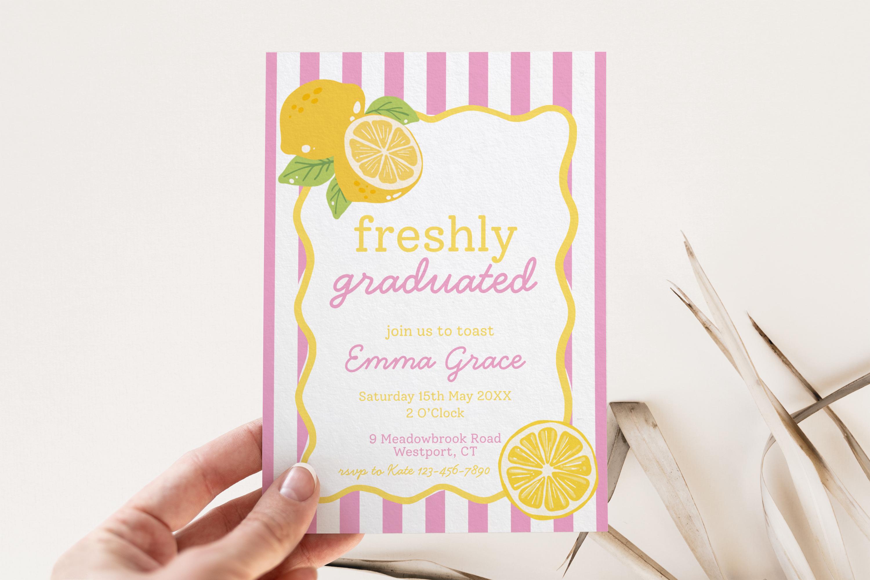 Freshly Graduated Graduation Invitation Template, Lemon Grad Party ...