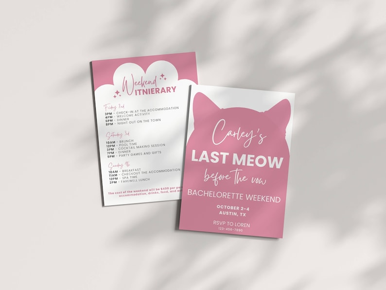 Pink Cat Bachelorette Invitation Itinerary Template, Last Meow Before ...
