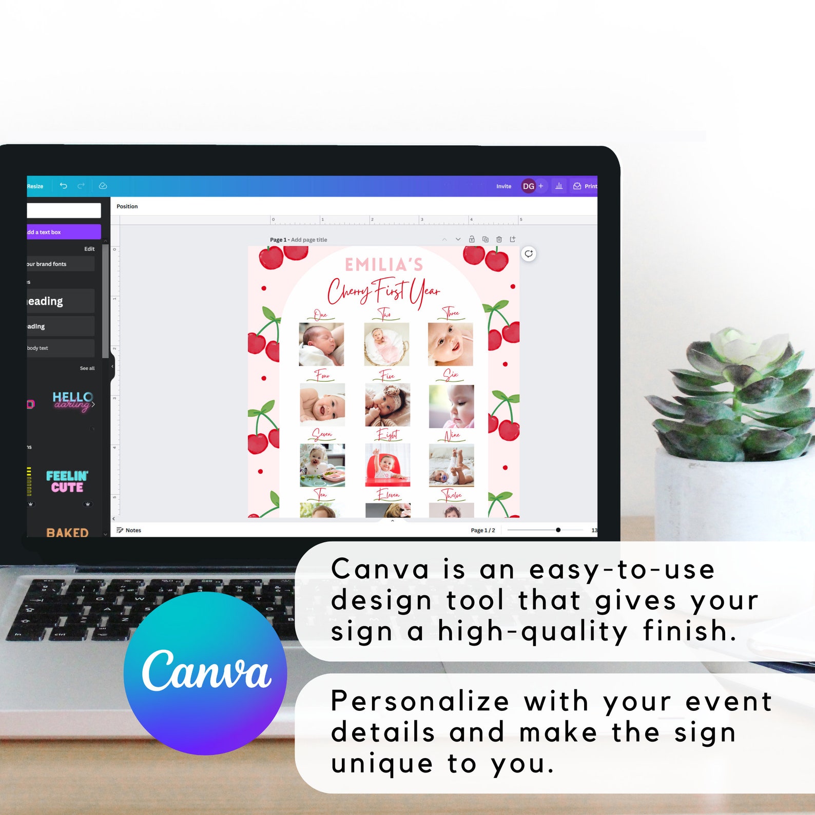Cherry on Top First Birthday Photo Milestone Board Template, Cherry ...