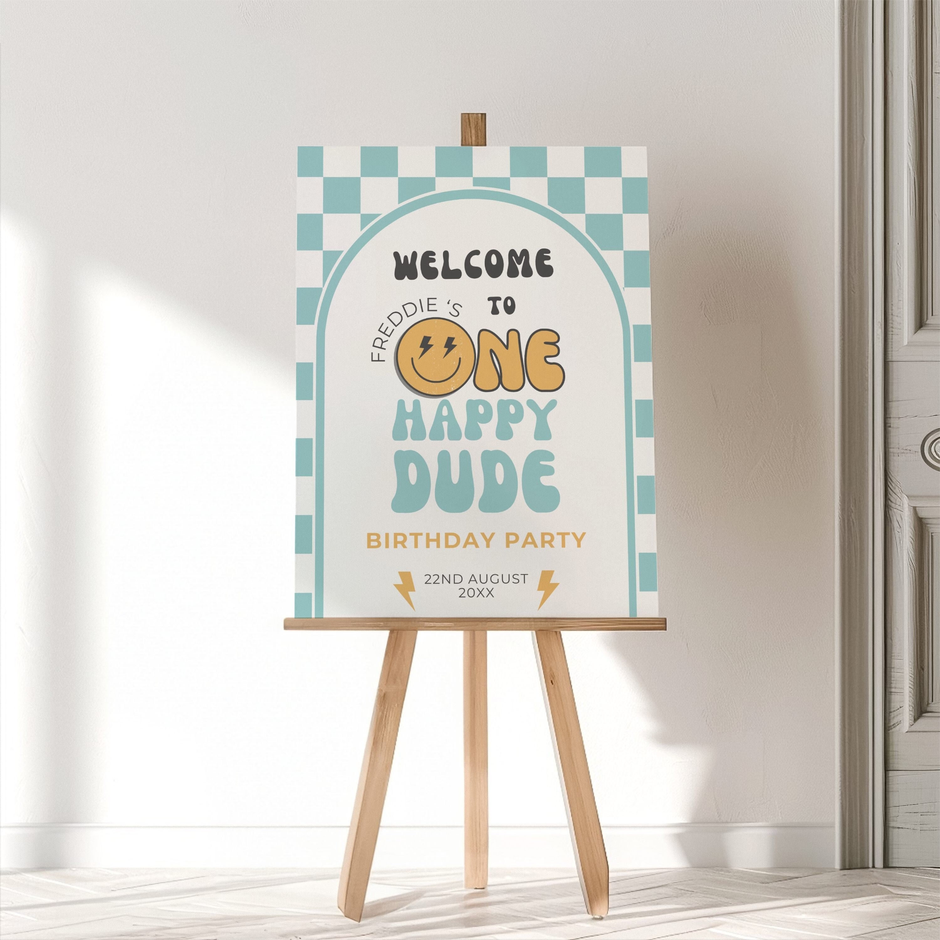 One Happy Dude Birthday Welcome Sign, Editable Template, Boy Blue Theme ...