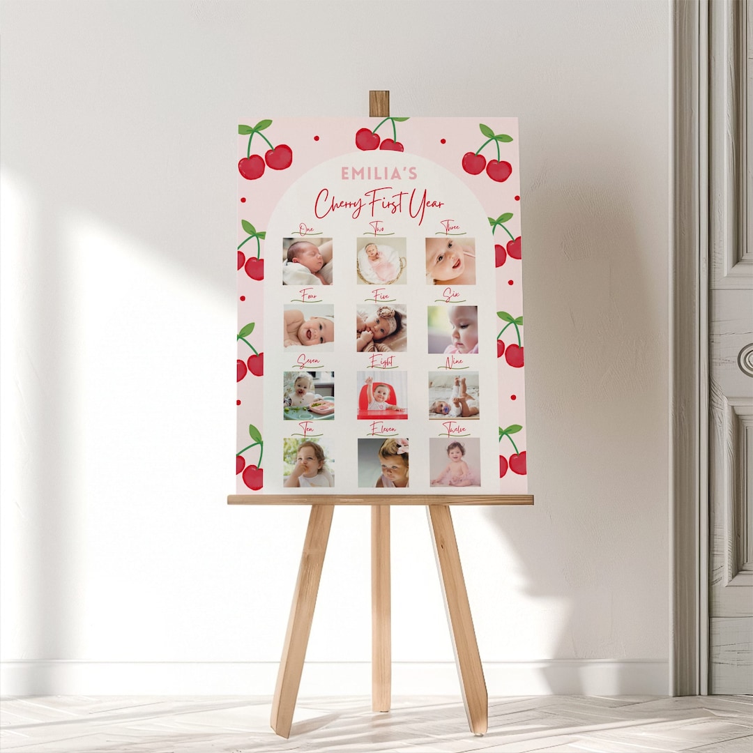 Cherry on Top First Birthday Photo Milestone Board Template, Cherry ...