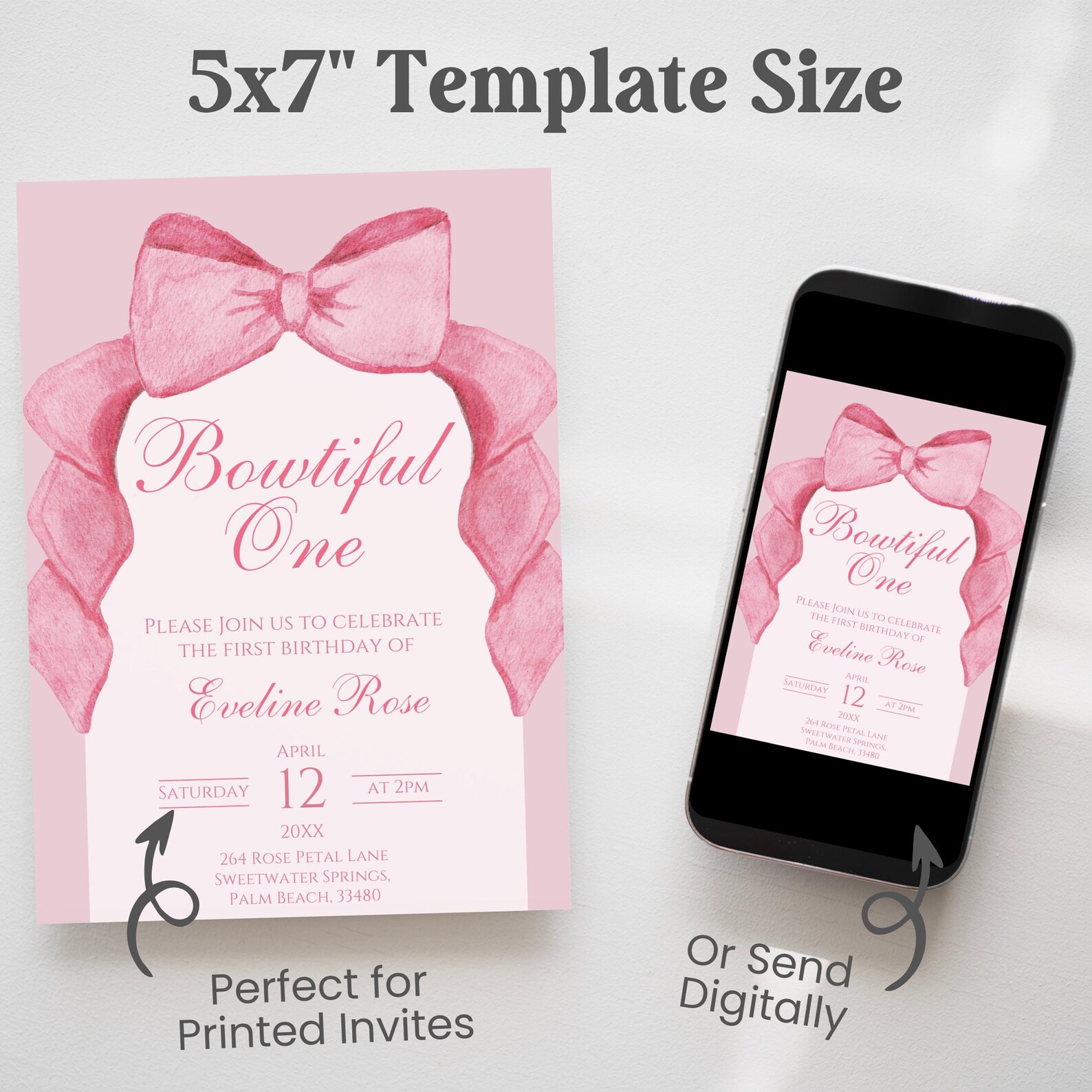 Coquette Pink Bow First Birthday Invitation Template, Bowtiful One ...