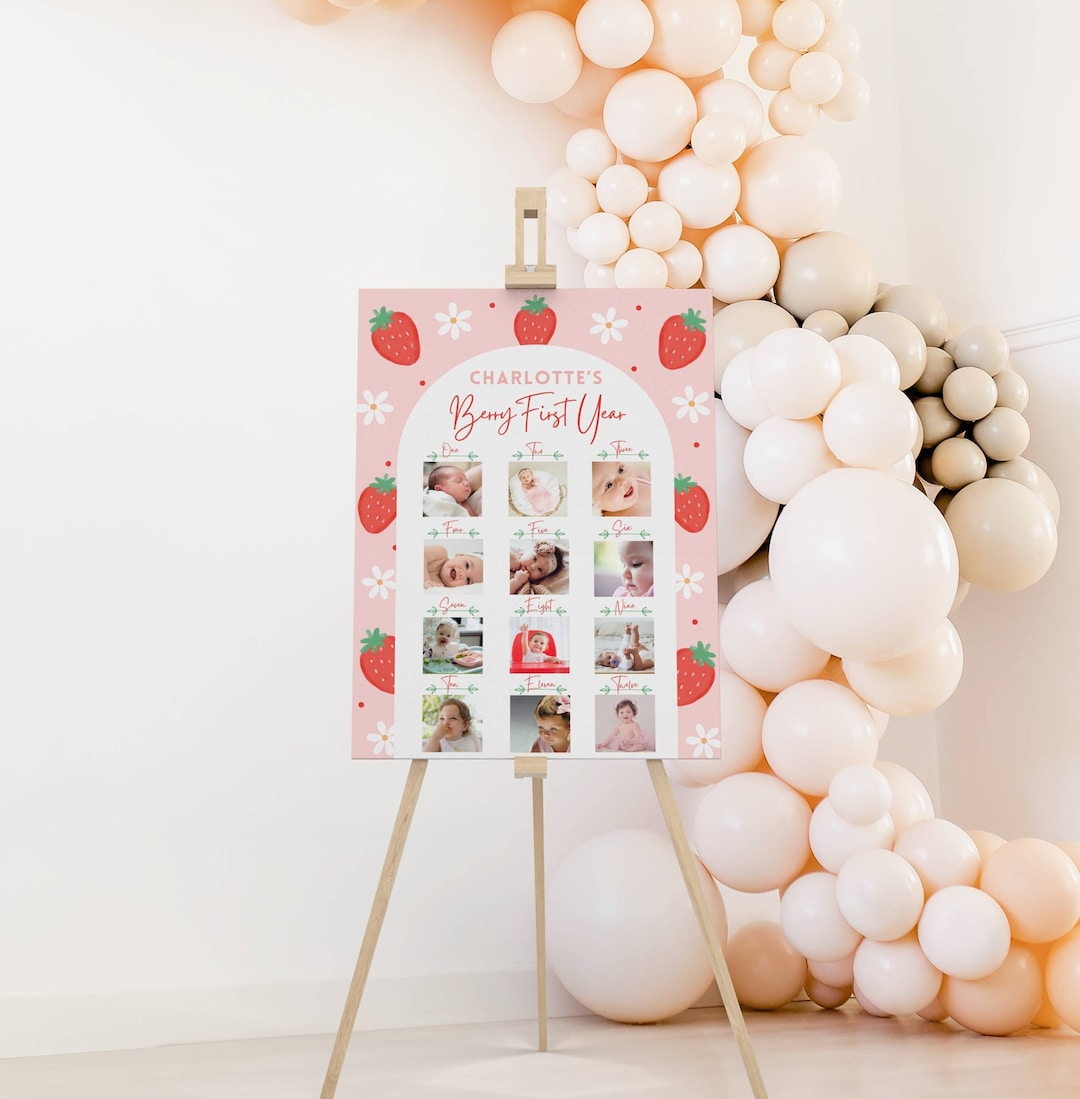 Berry First Birthday Photo Milestone Board Template, Strawberry Party ...