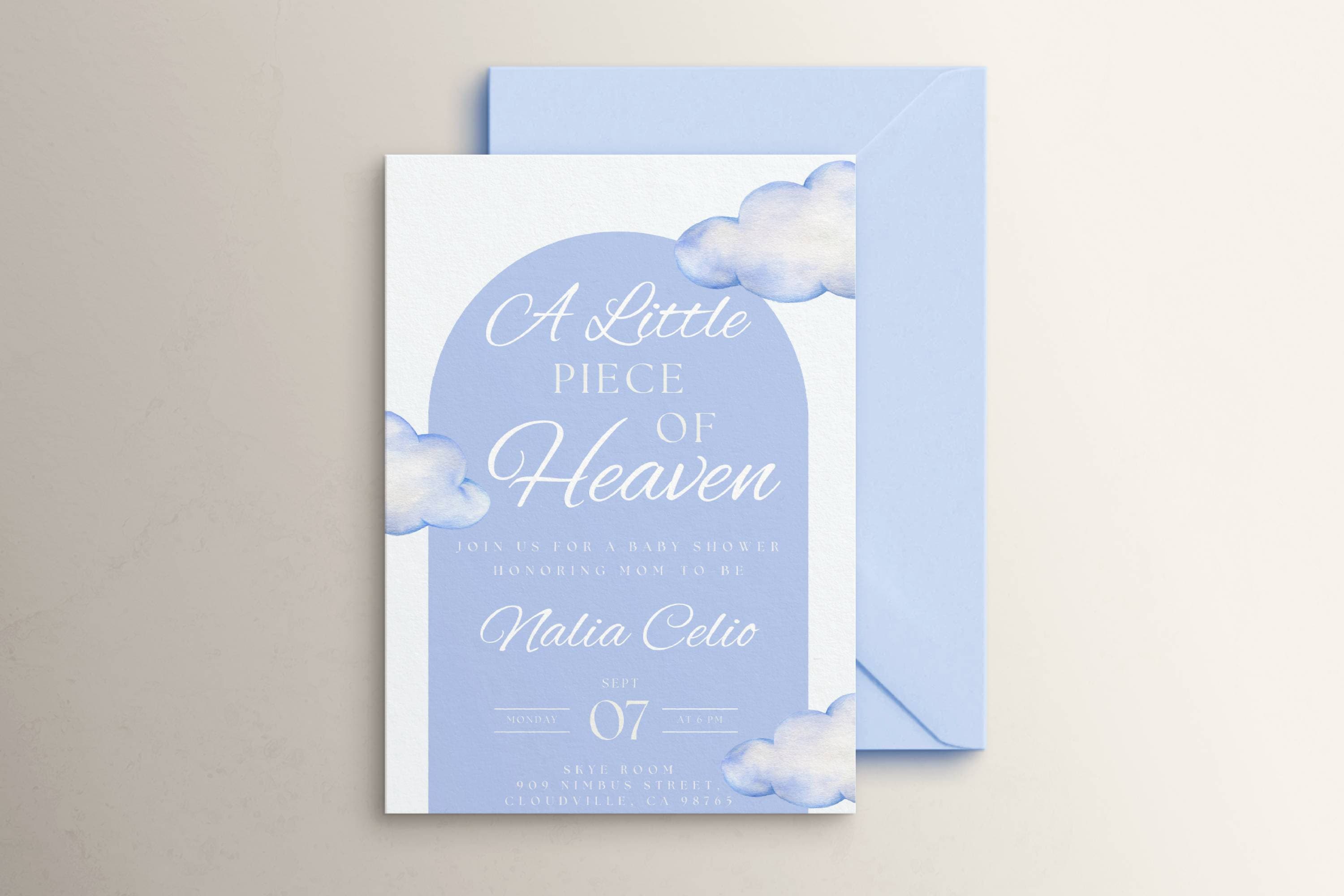 Blue Cloud Baby Shower Invite Template, A Little Piece of Heaven ...