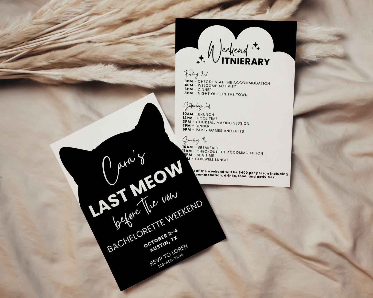 Cat Bachelorette Invitation Itinerary Template, Last Meow Before the ...