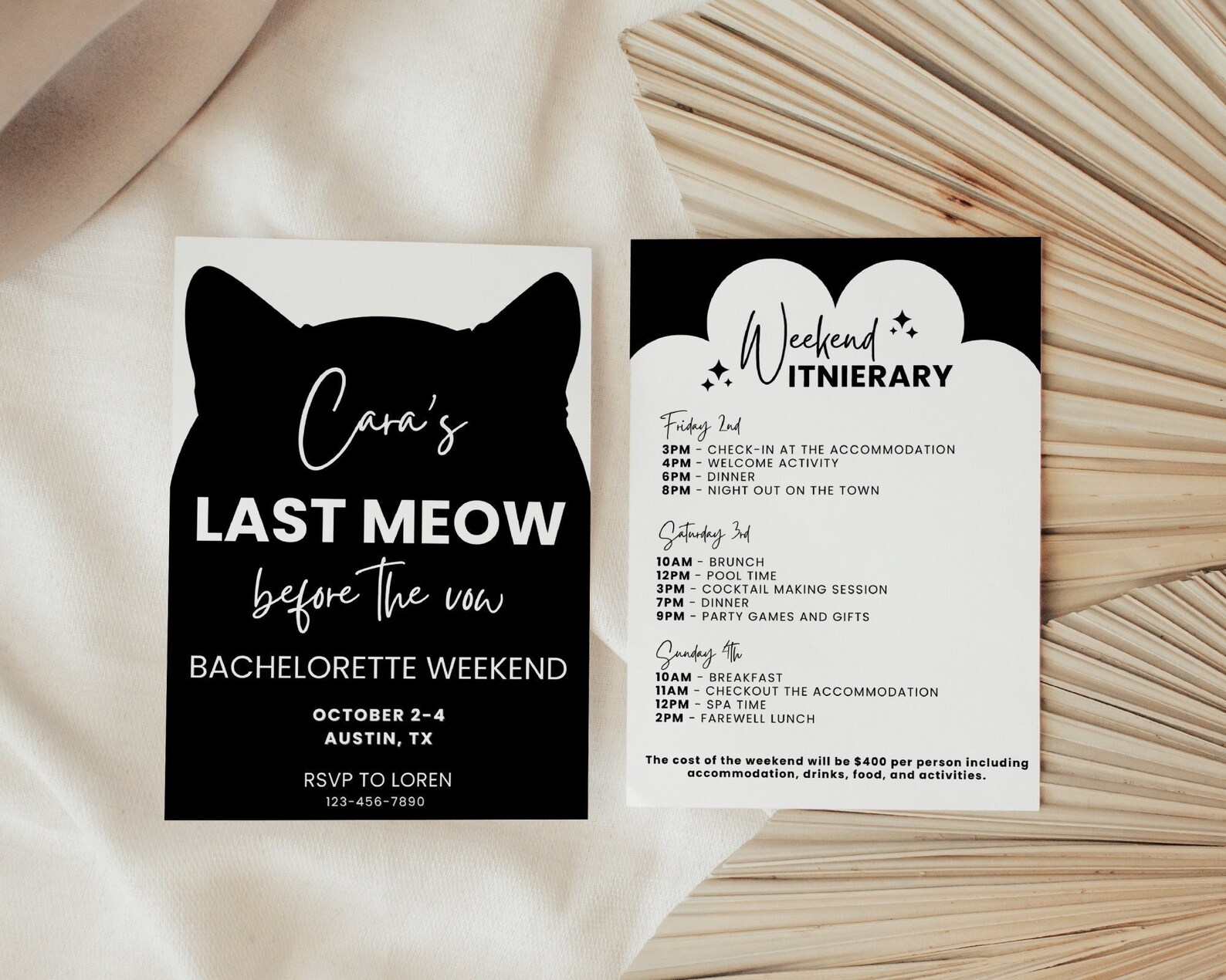 Cat Bachelorette Invitation Itinerary Template, Last Meow Before the ...