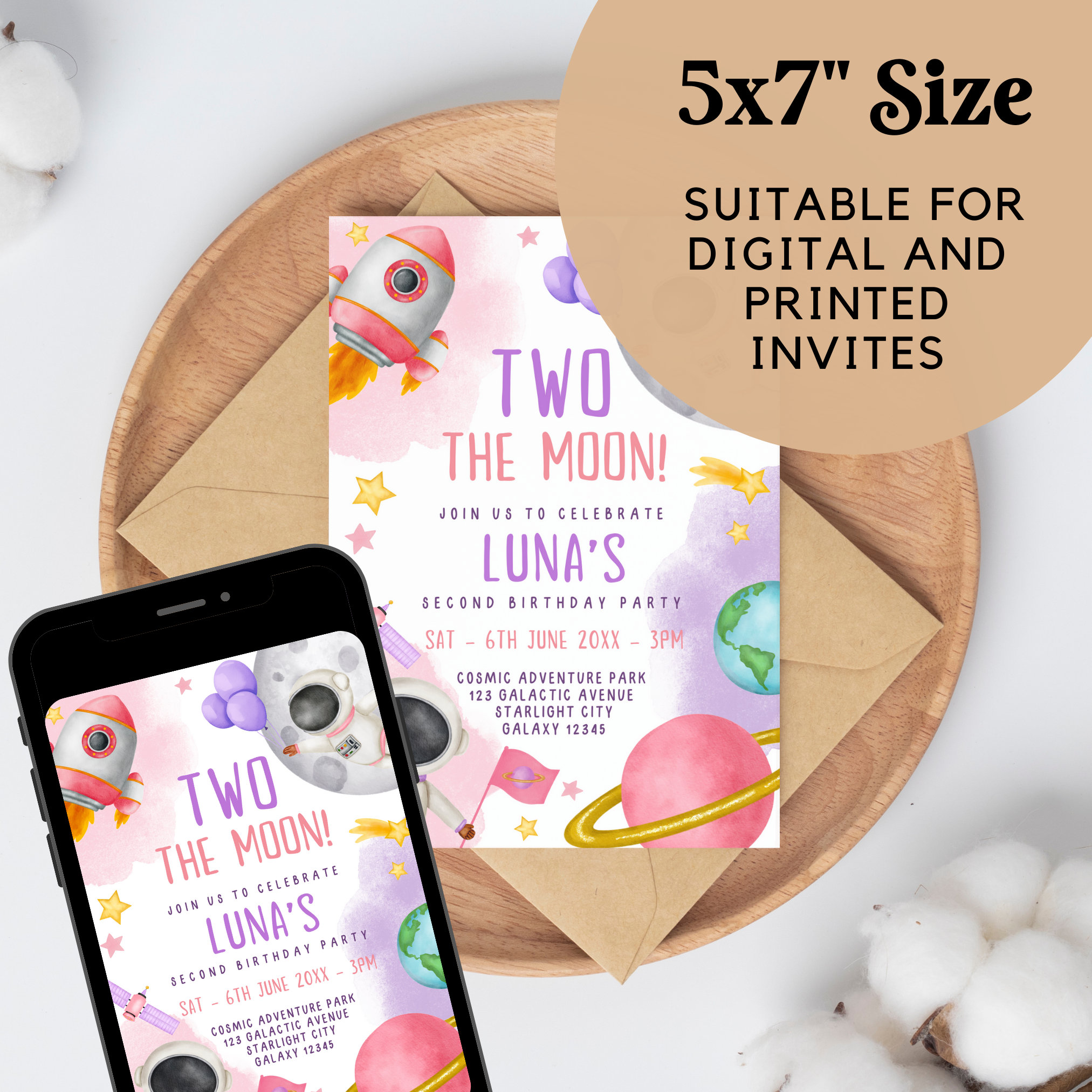 Two the Moon Girl Birthday Party Invitation Template, Editable 2nd ...