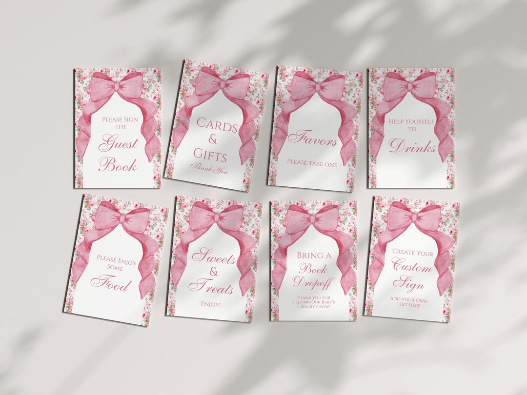 Pink Floral Bow Party Table Signs, Editable Templates, Love Shack Fancy ...
