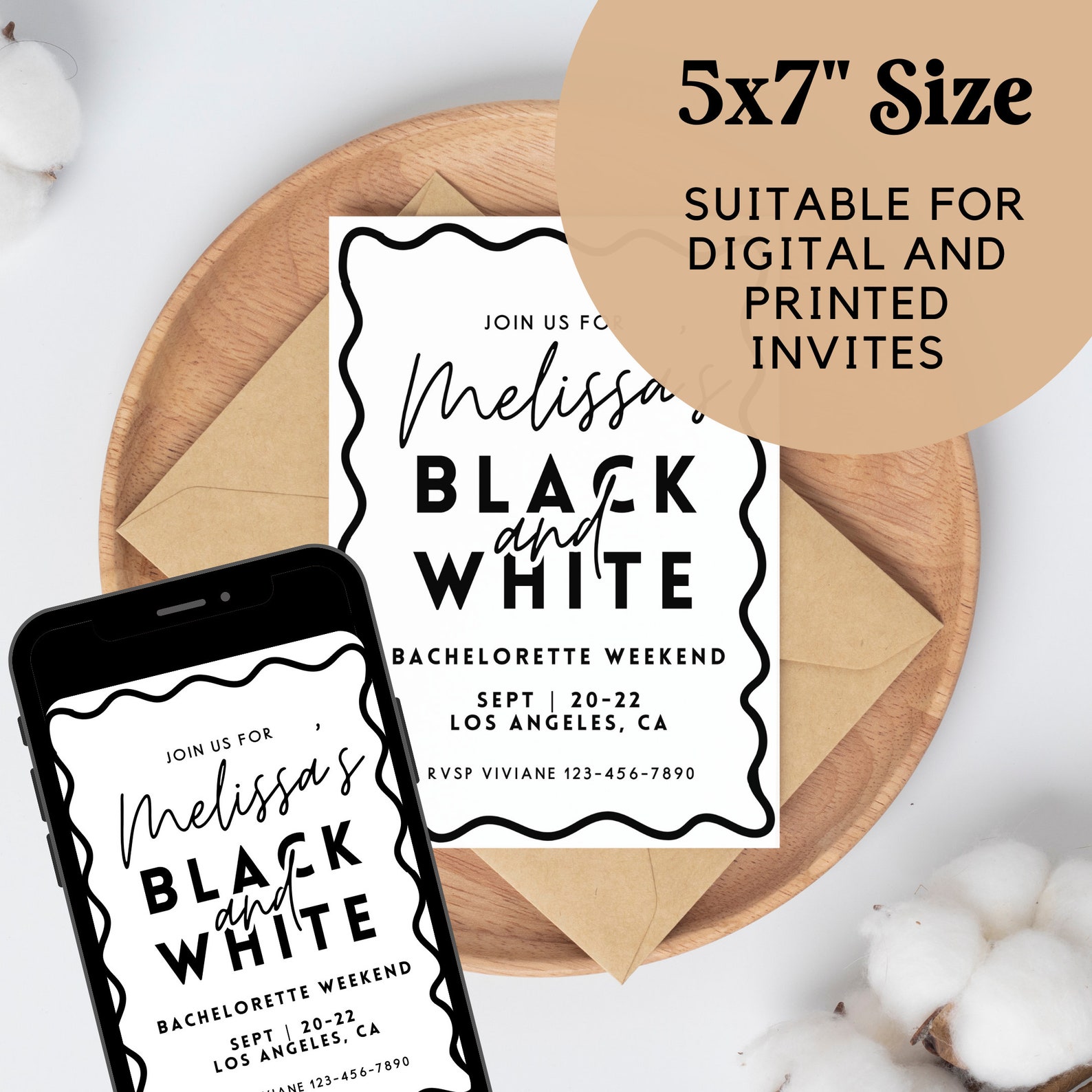Wavy Border Bachelorette Invitation Itinerary, Black and White Party ...
