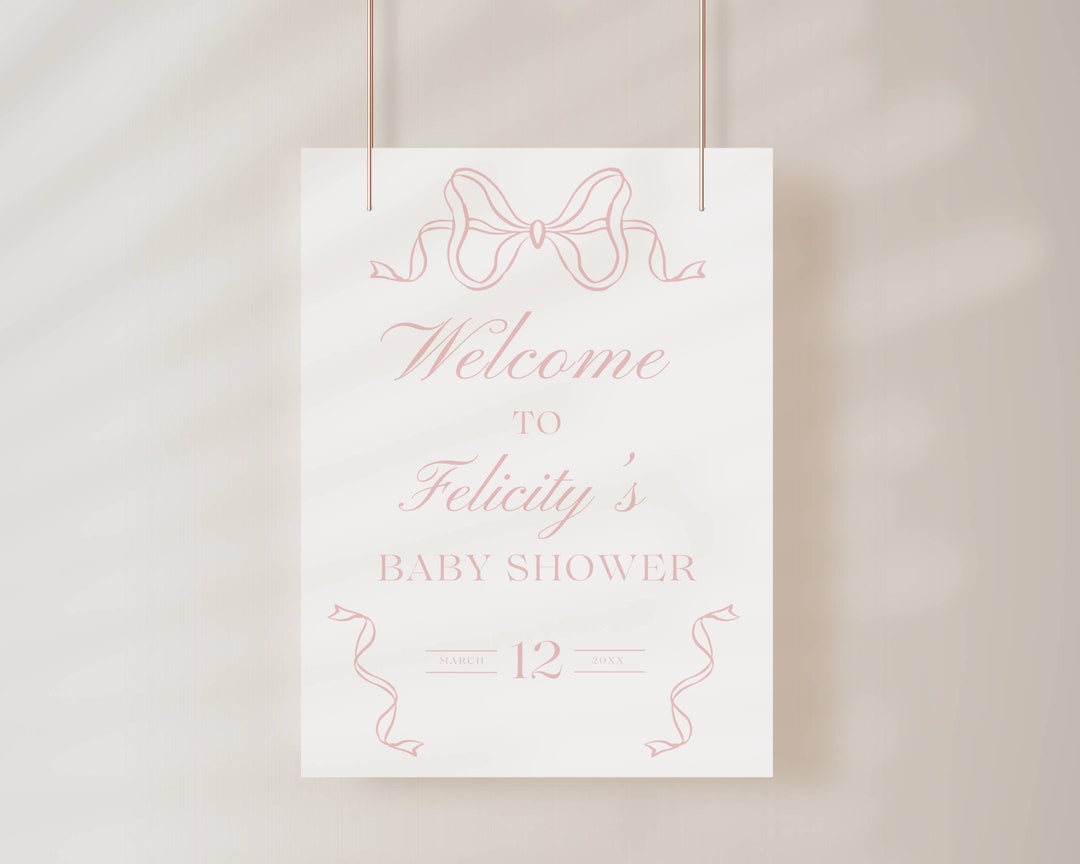 Editable Pink Bow Baby Shower Welcome Sign Template, Blush Hand Drawn ...