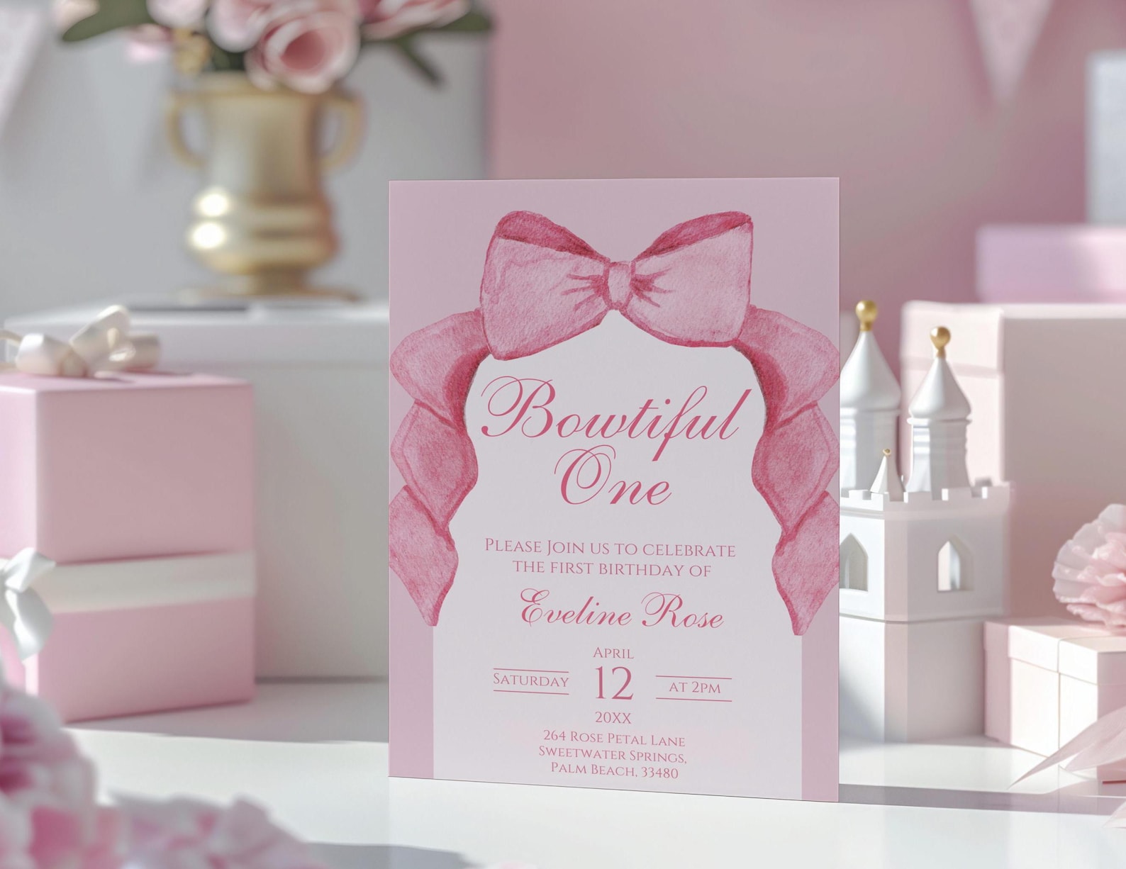 Coquette Pink Bow First Birthday Invitation Template, Bowtiful One ...