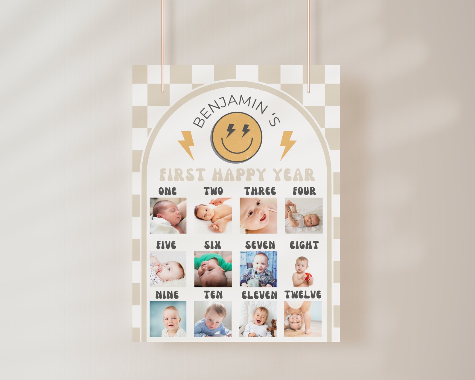 Beige One Happy Dude Photo Milestone Board Template, Editable Template ...