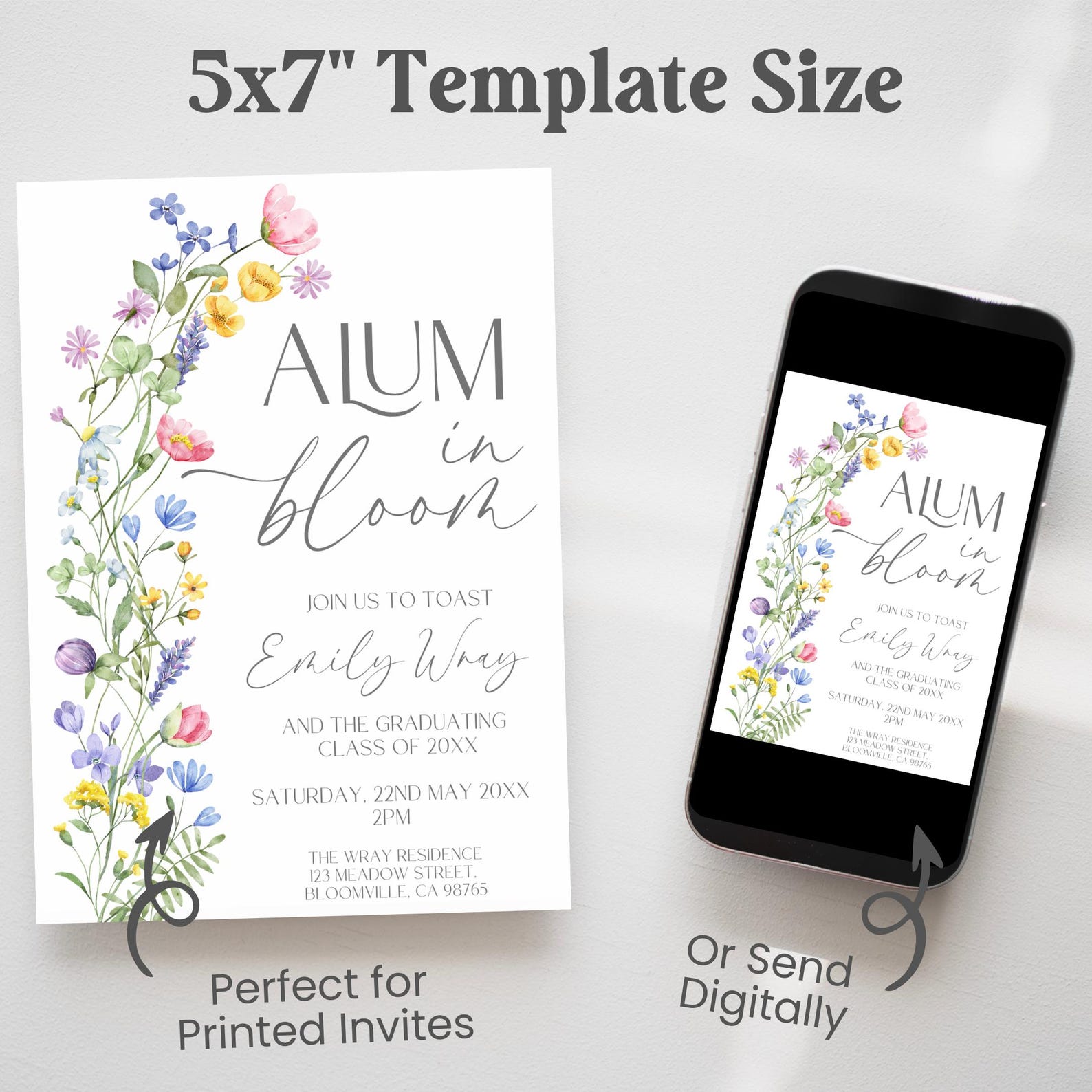 Wildflower Graduation Party Invitation, Editable Template, Alum in ...