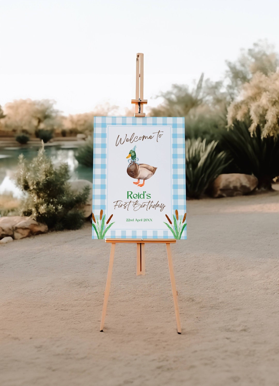 Blue Gingham One Lucky Duck Birthday Welcome Sign Template, Mallard ...