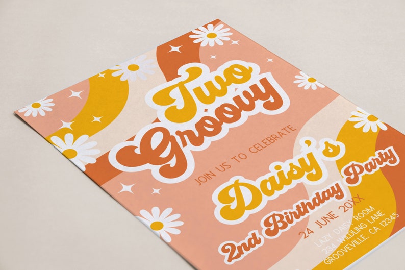 Two Groovy Birthday Invitation Template, 70s Second Birthday Theme ...