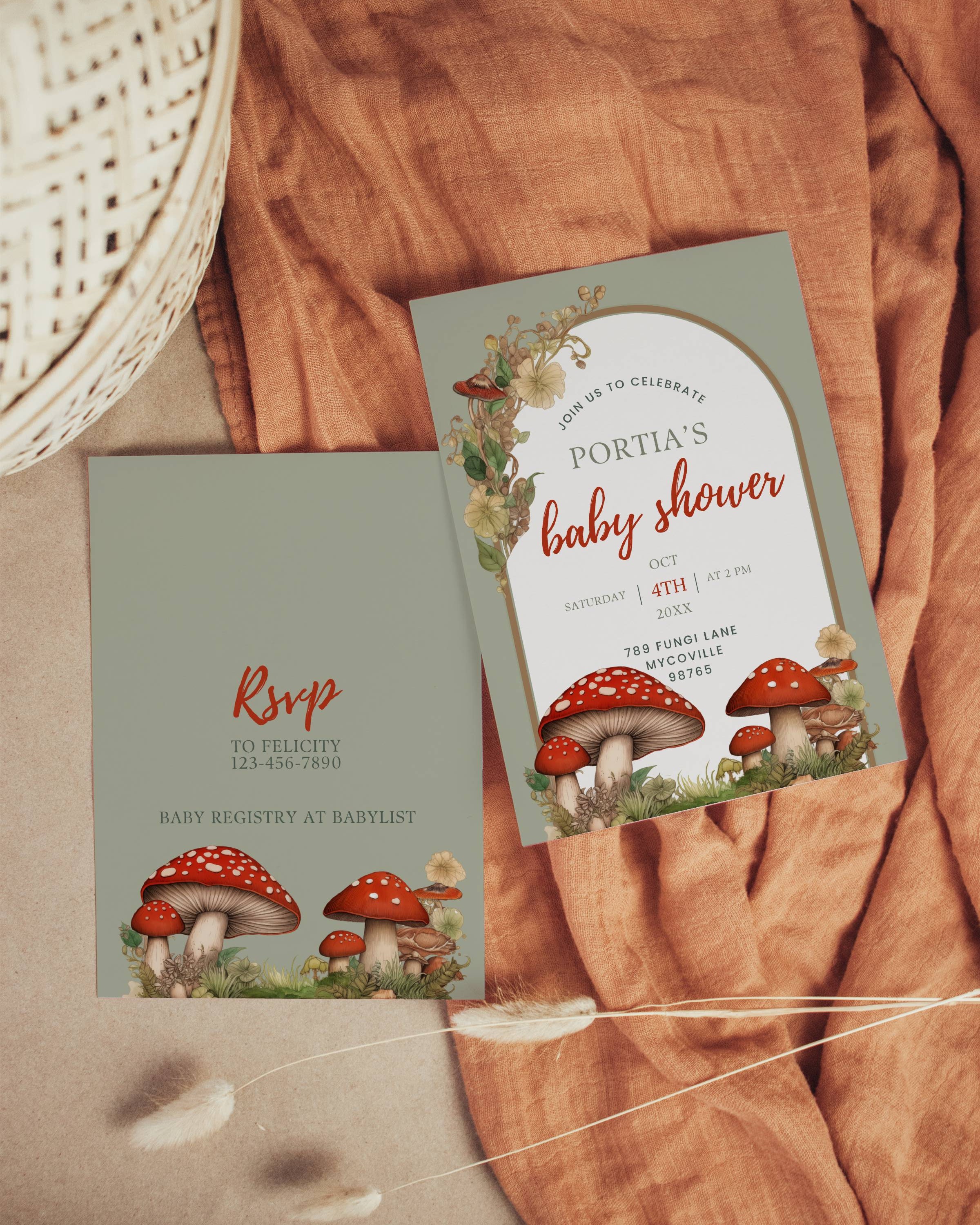 Cottagecore Mushroom Baby Shower Invite Template, Forest Woodland ...