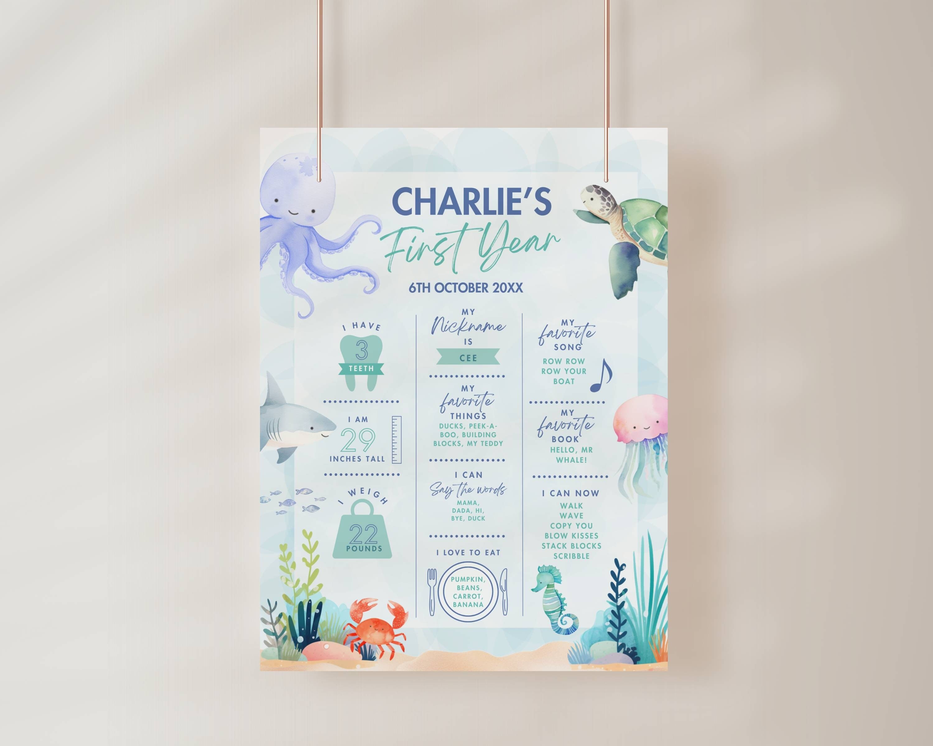 Under the Sea Birthday Milestone Board Template, Oneder the Sea Theme ...