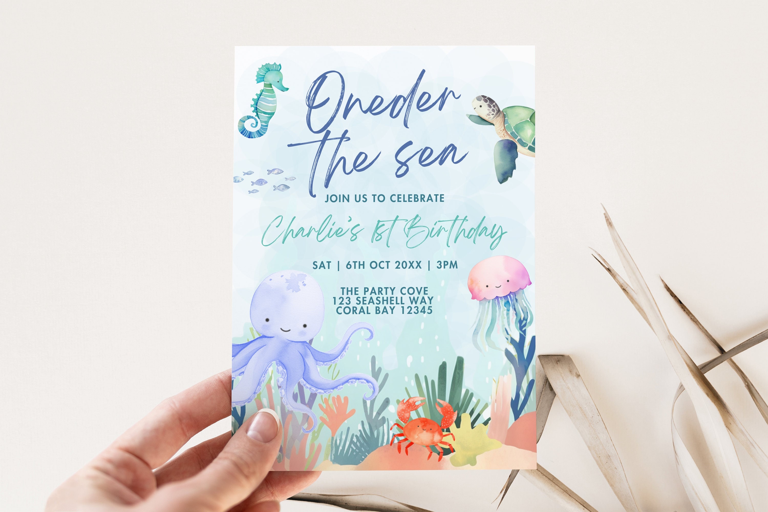 Oneder the Sea Birthday Invitation Template, 1st Birthday Party Invite ...
