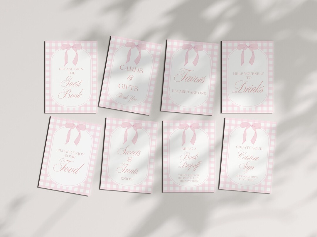 Pink Bow Party Table Signs, Fully Editable Templates, Coquette Gingham ...