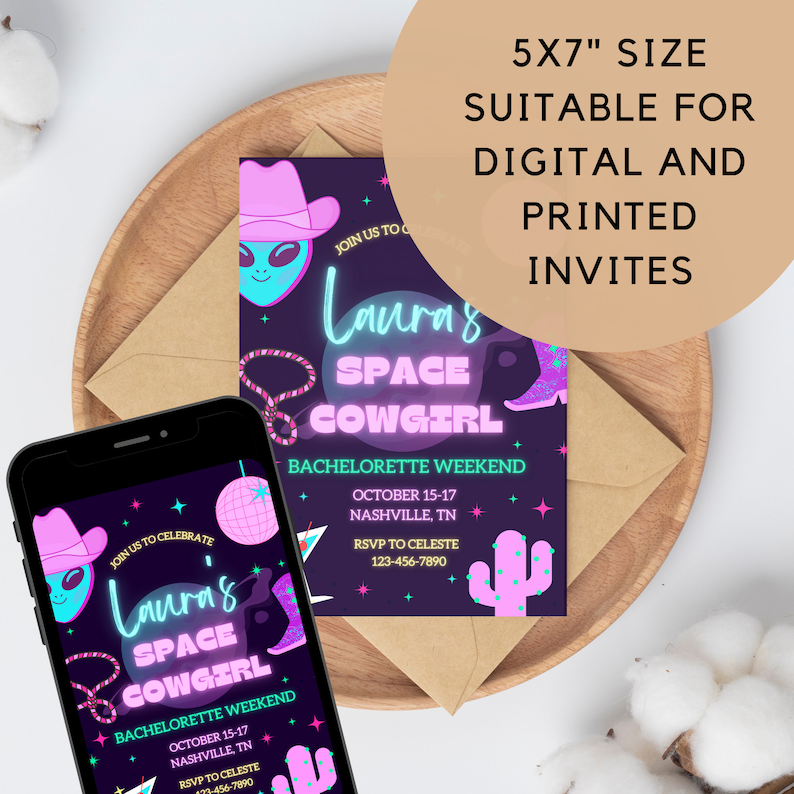 Space Cowgirl Bachelorette Invitation Itinerary Template, Cosmic Disco ...