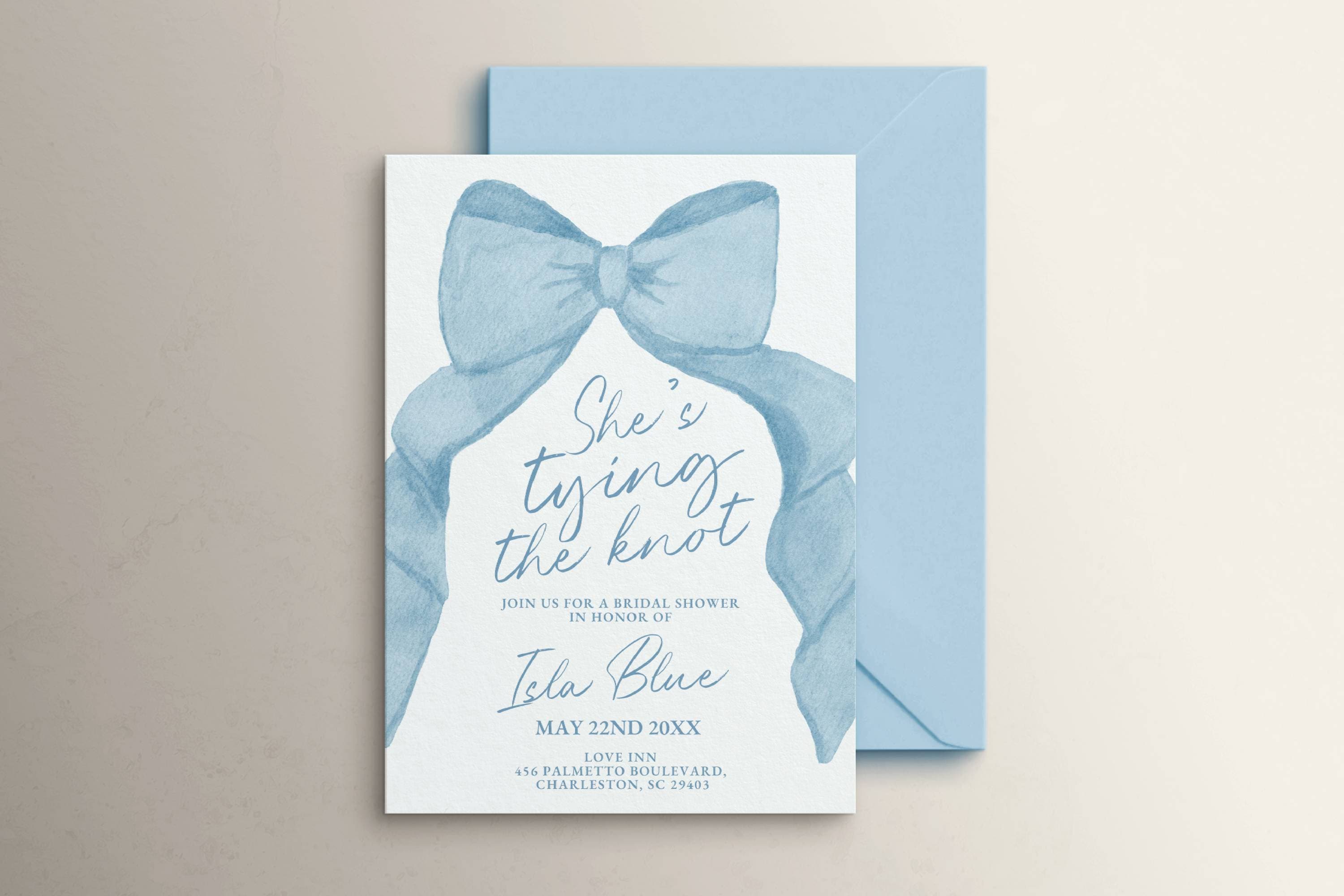 She's Tying the Knot Bridal Shower Invitation Template, Coquette Blue ...