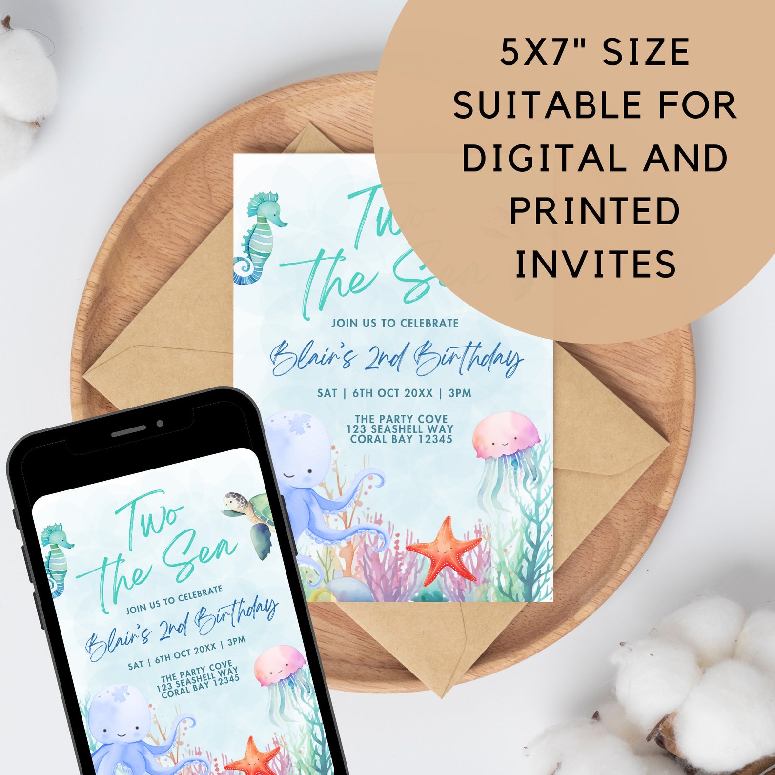 Two the Sea Birthday Invitation Template, Second Birthday Party Invite ...