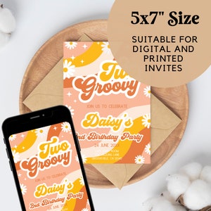 Two Groovy Birthday Invitation Template, 70s Second Birthday Theme ...