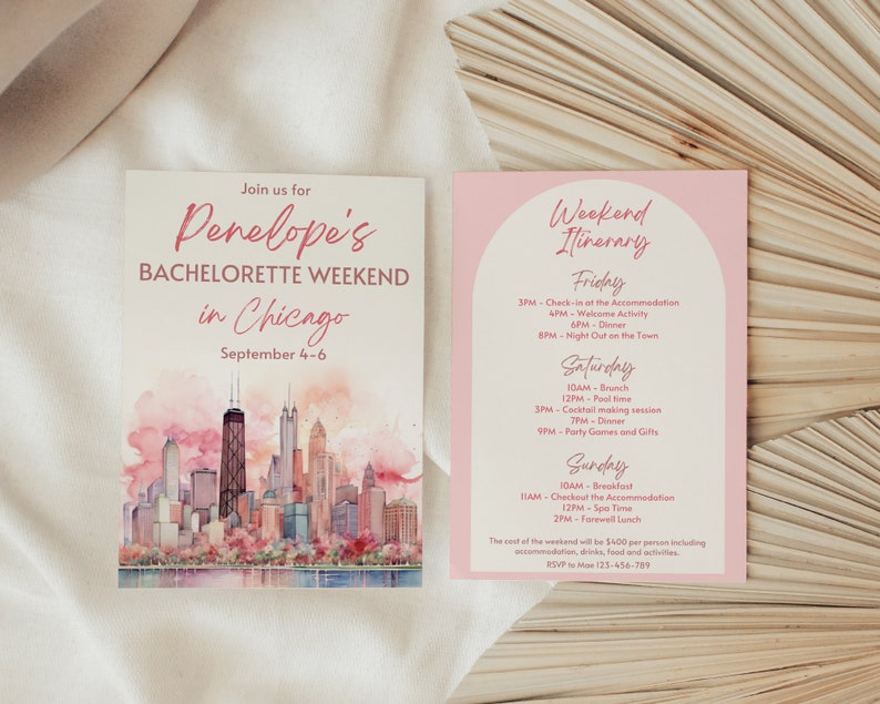 Pink Chicago Bachelorette Invitation and Itinerary Template, Travel ...