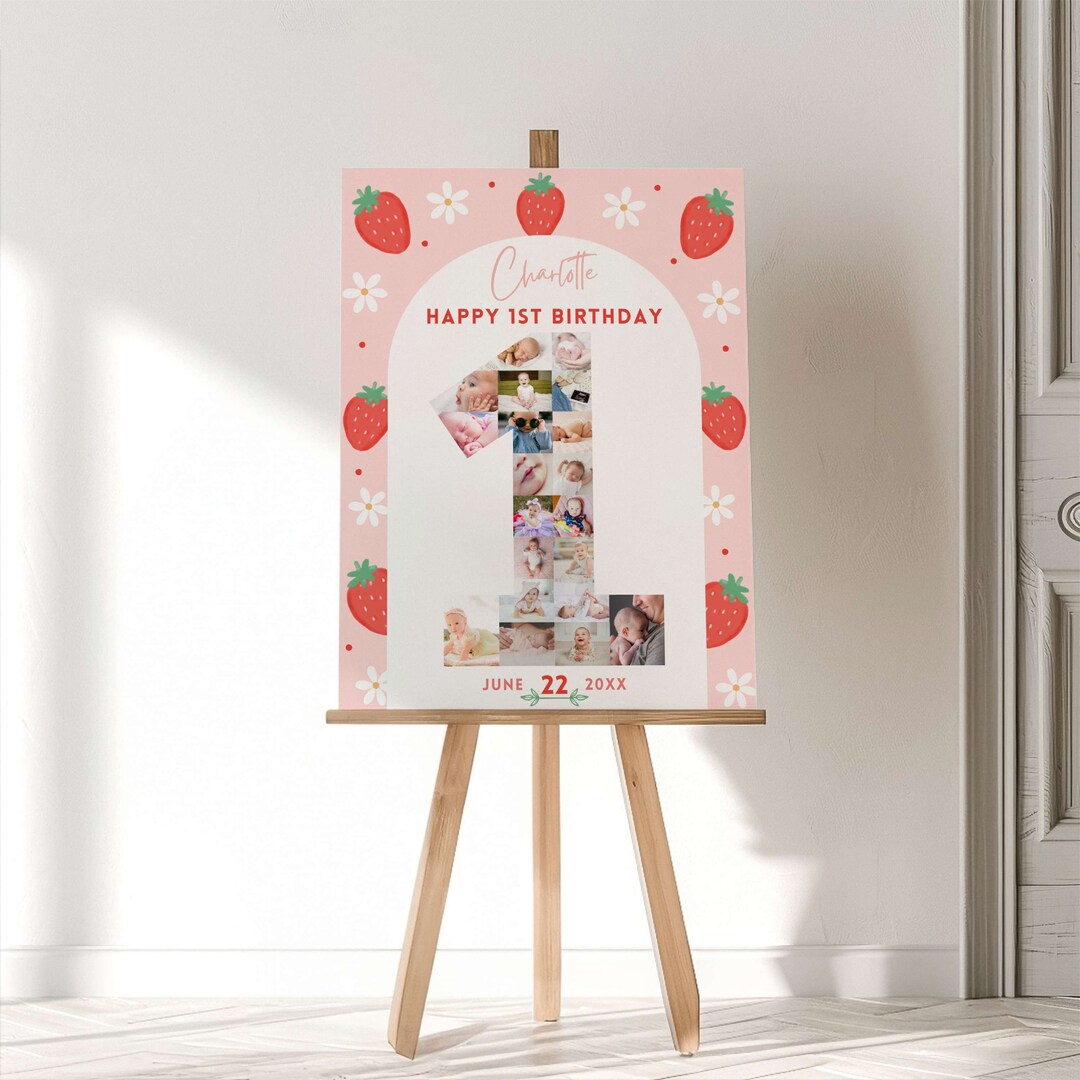 Strawberry Birthday Photo Collage Board, Editable Template, Berry First ...