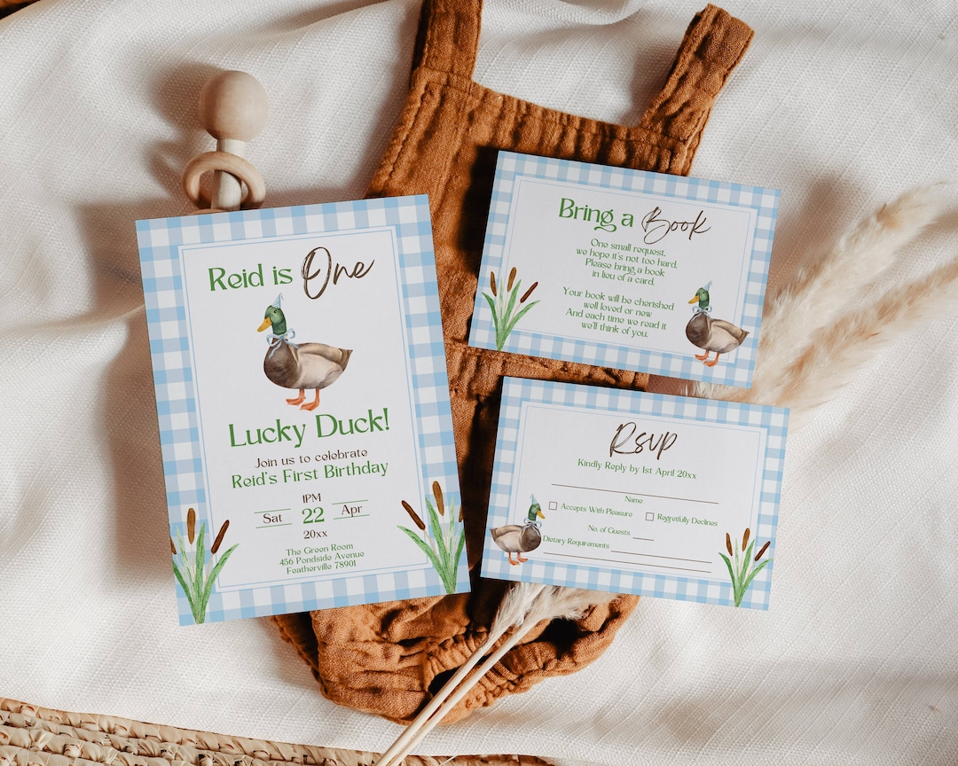 One Lucky Duck Birthday Invite Template Bundle, 1st Duck Hunt, Blue ...