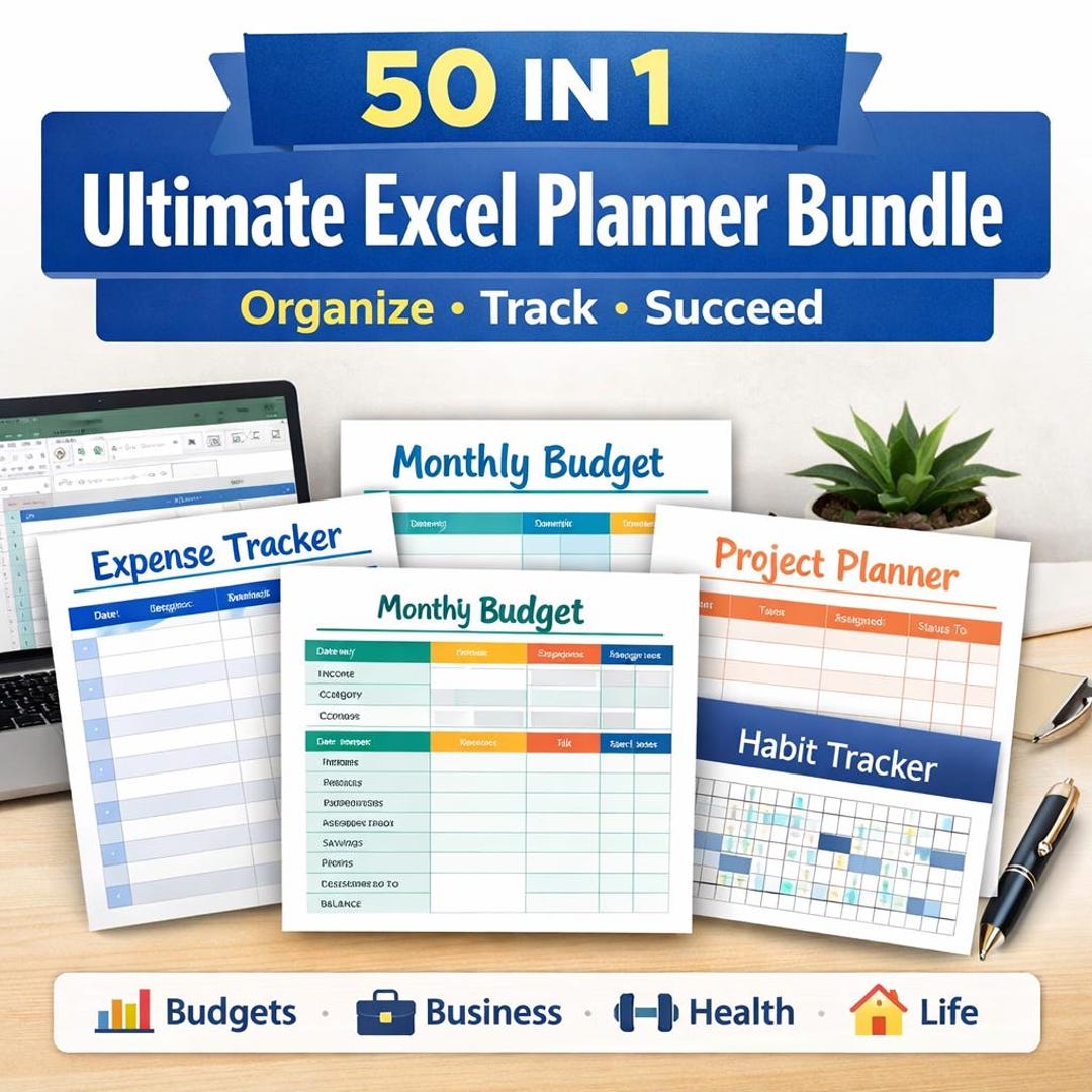 50 Excel Planner Templates Bundle | Budget, Business , Productivity ...