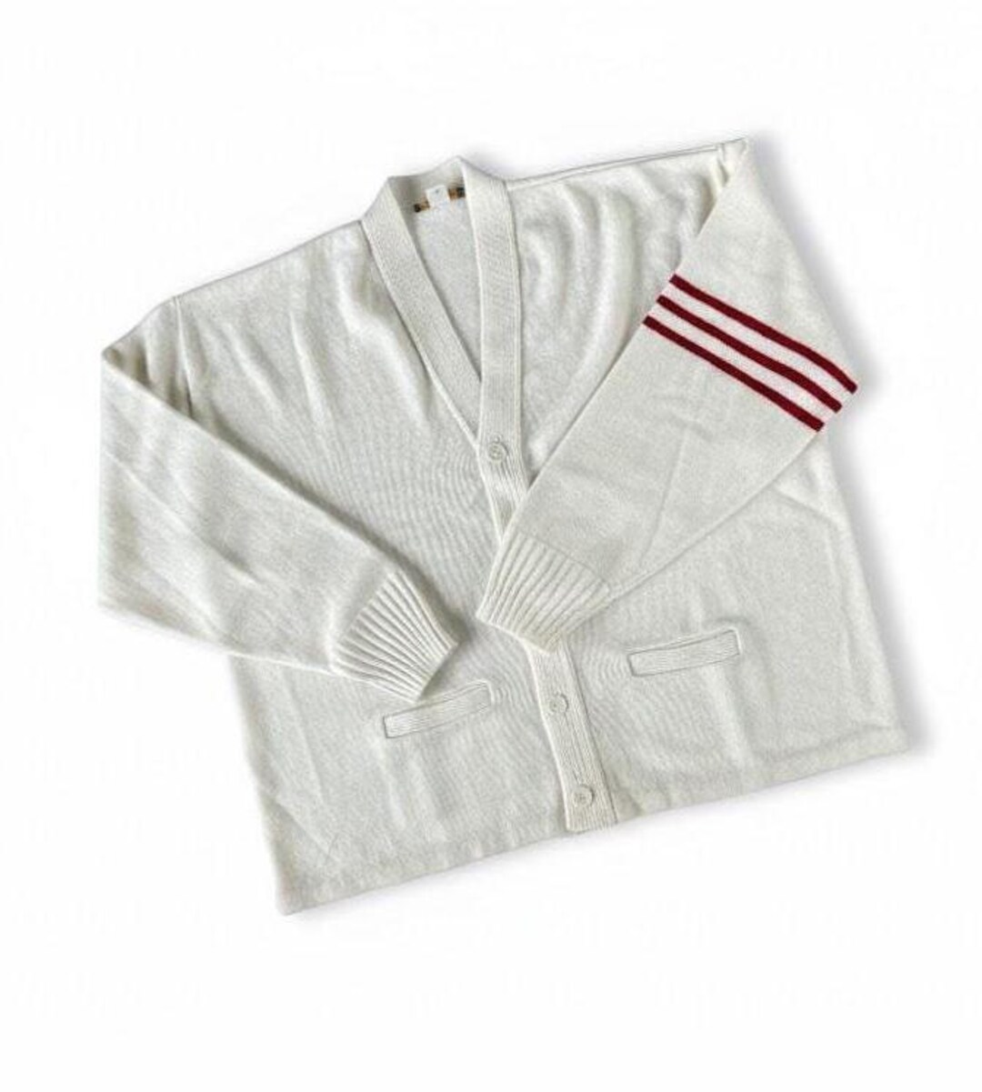 Vintage Style Varsity Cardigan, White 4XL Sweater, Red Stripe Sleeve ...